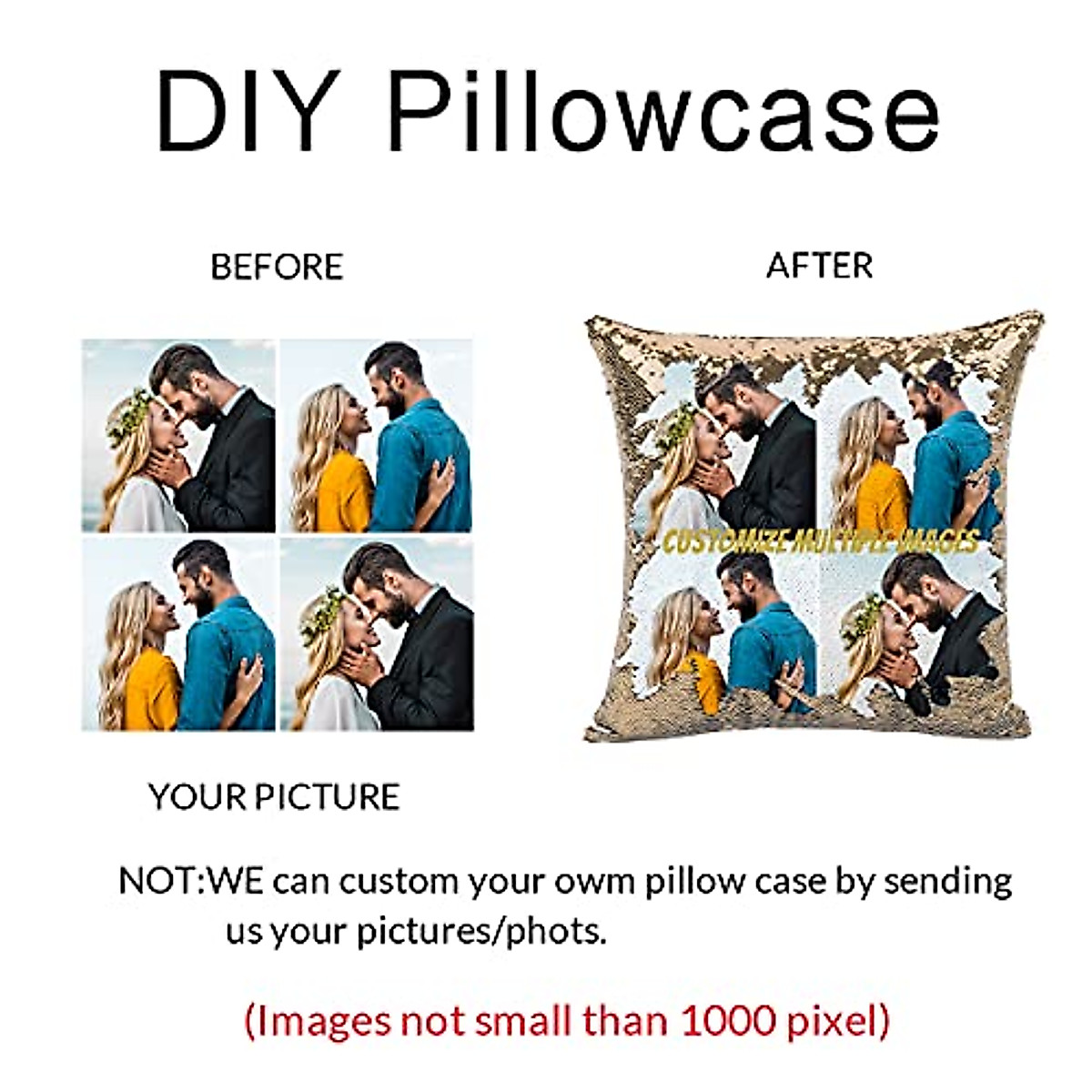 Custom Sequin Pillow Personalized Multiple Picture Mermaid Sequin Pillow Gift for Her Gift for Mom Customized Pillow Magic Sequin Pillow Personalized Gifts (Champagne/White, with Insert,15.7"x15.7")