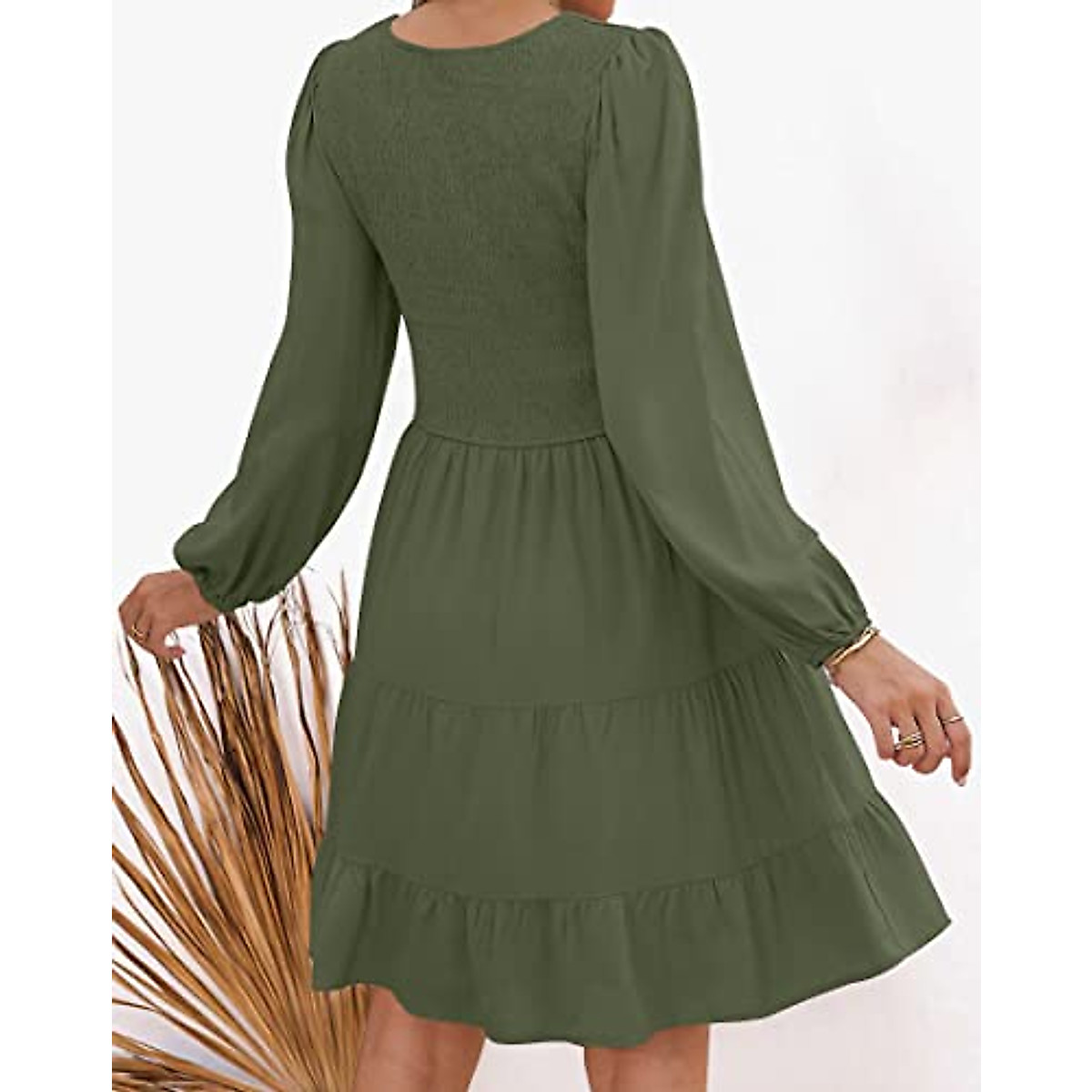 ZESICA Women's Casual V Neck Long Sleeve Smocked High Waist Ruffle A Line Tiered Mini Dress,ArmyGreen,Medium