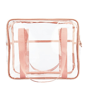 HAOGUAGUA Extra Large Clear Cosmetic Makeup Bag, Transparent PVC Tote Shoulder Bag Stadium Approved, Waterproof Clear Toiletry Carry Pouch Makeup Artist Bag Diaper Bag (Pink)