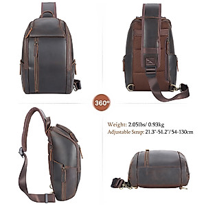 TIDING Full Grain Leather Sling Bag For Men Outdoor Travel Shoulder Chest Daypack Fits 10.5" iPad