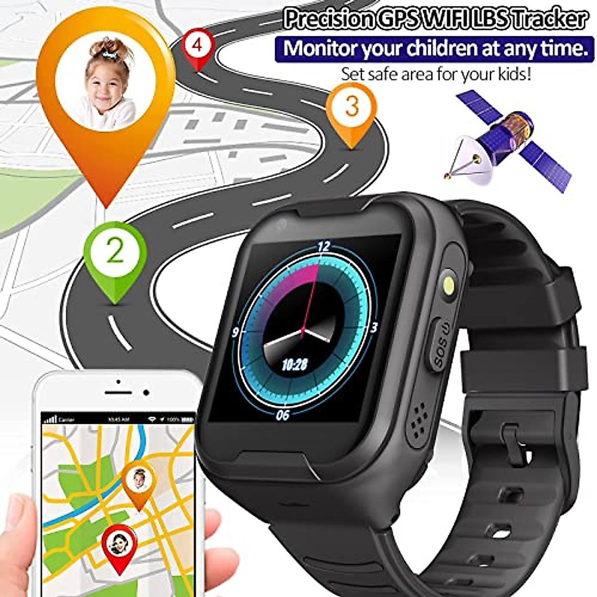 Elderly 4G GPS Smart Watch Real-Time Tracking Two-Way Phone Call GPS Tracker Waterproof Touchscreen Watch with Camera SOS Emergency Alarm Pedometer Tracker Watch Christmas Birthday Gift(Black)