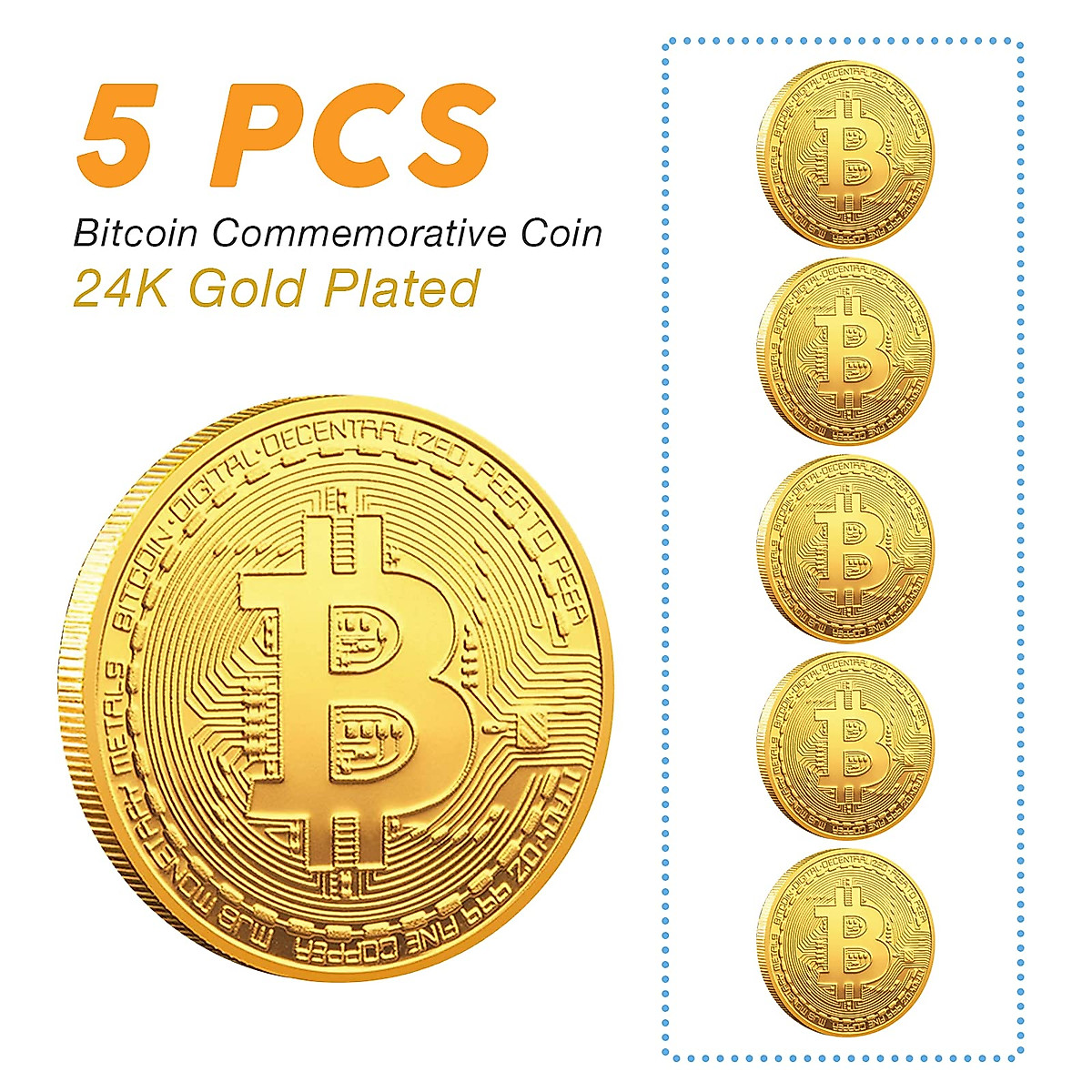 Naturiway 5Pcs Bitcoin Coin, Bitcoin Commemorative Coin 24K Gold Plated, 3mm BTC Cryptocurrency, Collectible Coin with Protective Case, Blockchain Cryptocurrency, Home and Office Decoration