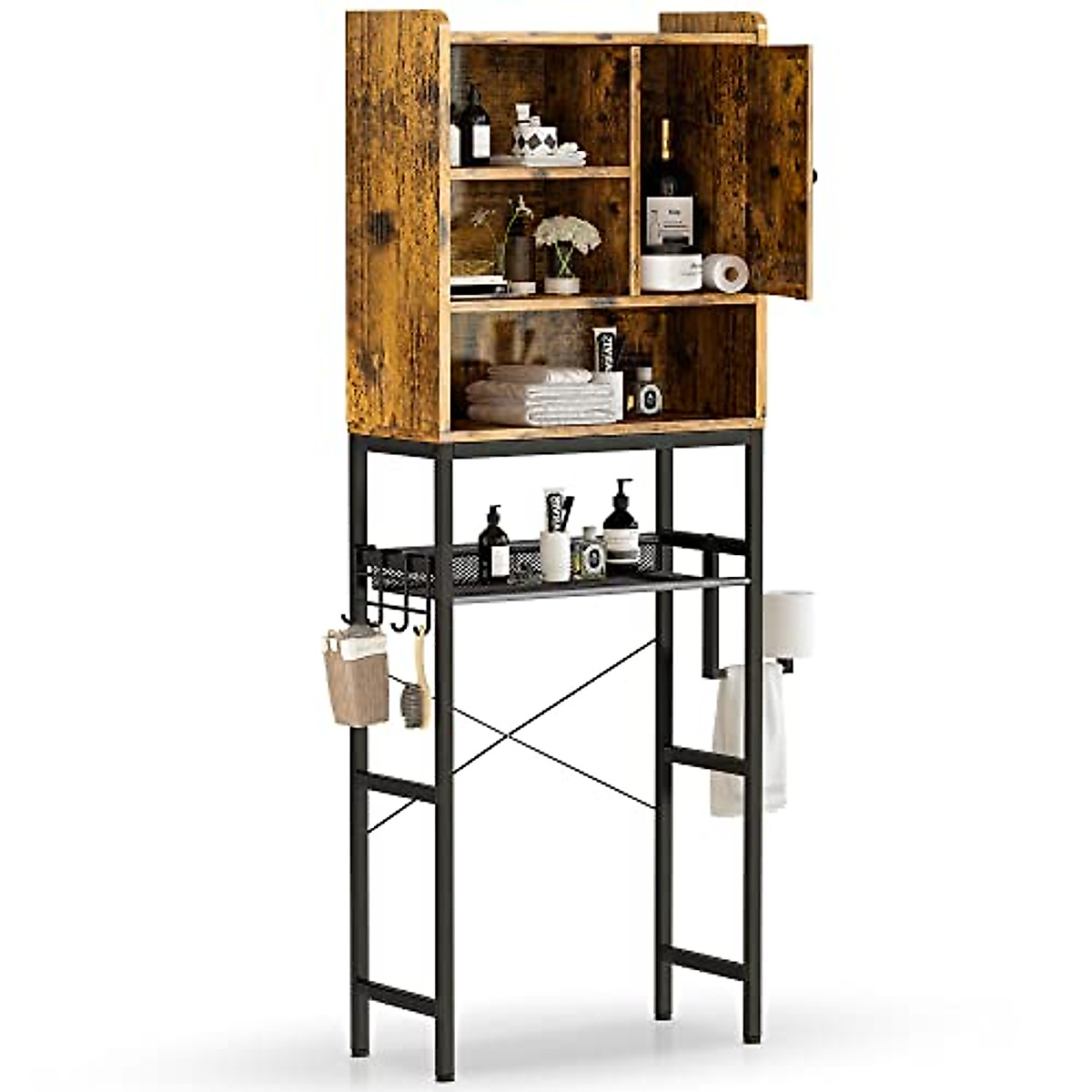 AWQM Over The Toilet Storage Cabinet, Bathroom Cabinet Organizer with Adjustable Shelf, Freestanding Space Saver Toilet Stands with Door, Paper Hook, Multifunctional Bathroom Toilet Rack, Rustic Brown
