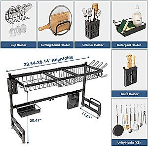 Over The Sink Dish Drying Rack, 2-Tier Adjustable Length(33.5-36.2in) Dish Rack Sink Shelf, Expandable Large Stainless Steel Dish Drainer for Kitchen Counter Organizer Space Saver with 8 Hooks