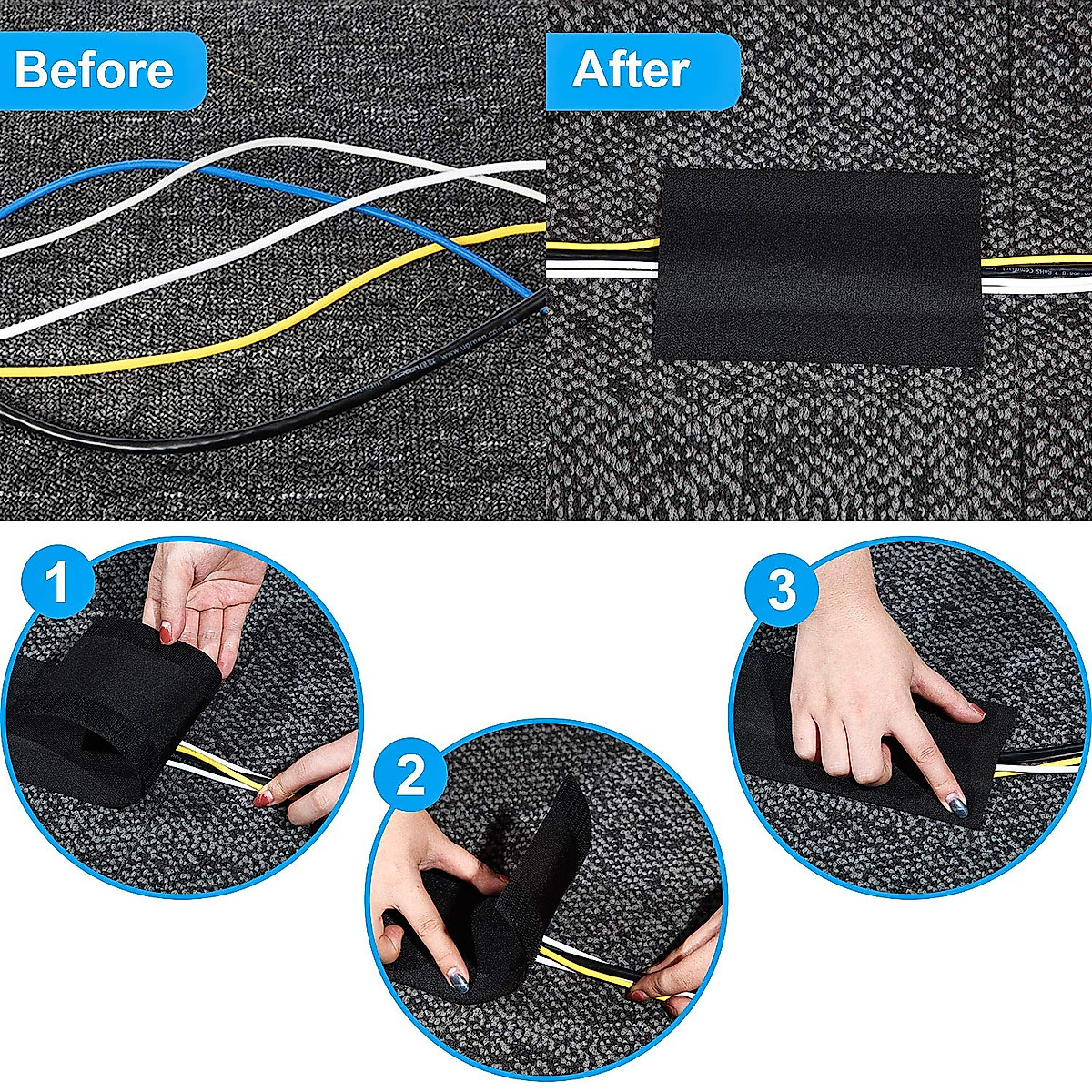 WILLBOND Cable Grip Floor Cable Cover Cords Cable Protector Cable Management Only for Commercial Office Carpet (Black,19.69 ft)