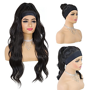 SALLYWELL Long Wavy Headband Wig for Black Women Synthetic Headband Wigs 180% Density Body Wave Headband Wig Full Ends Glueless Headband Wigs Heat Resistant 24 inch