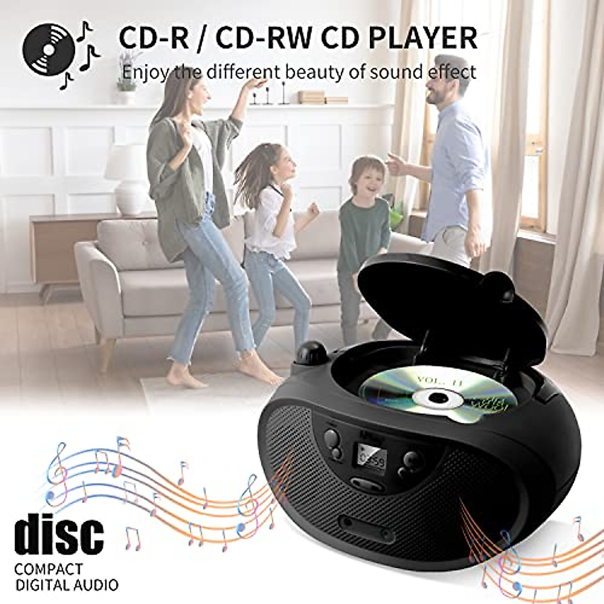 hPlay Gummy GC04 Portable CD Player Boombox with Digital Tunning AM FM Stereo Radio Kids CD Player LCD Display, Front Aux-in Port and Headphone Jack, Supported AC or Battery Powered- Black