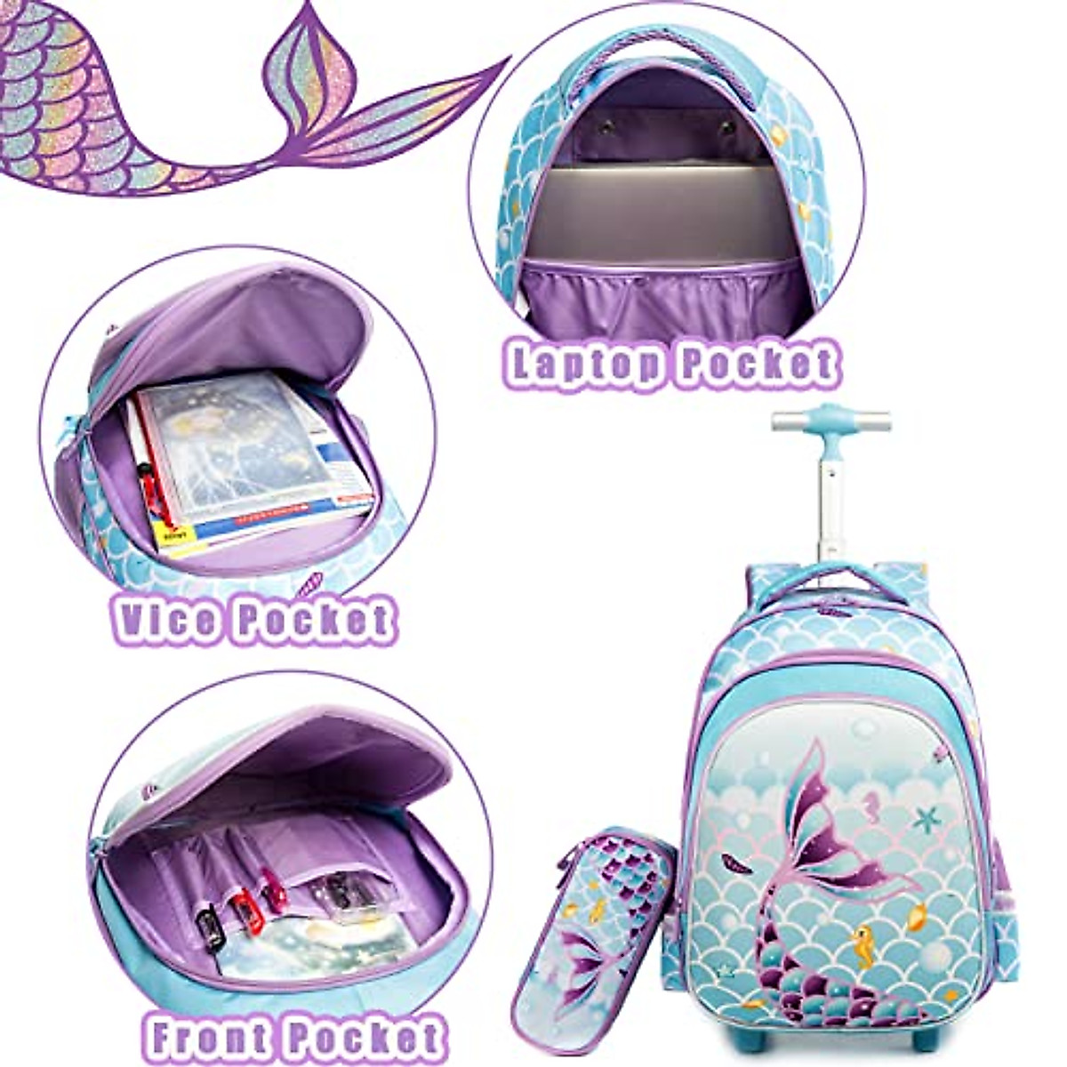 Meetbelify Girls Rolling Backpack Wheels Backpacks Kids Luggage for Elementary Preschool Students Cute Suitcase Trolley Trip Wheeled Mermaid Backpack with Lunch Box for Girls