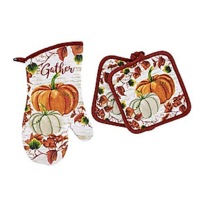 Home Collection Harvest Pumpkin Kitchen Linens Set Include Oven Mitt & 2 Potholders - Great for Autumn, Fall & Thanksgiving