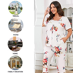 POPYOUNG Womens Pajama Sets Summer Ladies Pjs 2 Piece Loungewear Capri with Pockets Sleepwear L, Floral White