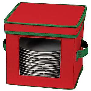 Household Essentials 532RED Holiday China Dinnerware Storage for Dessert Plates or Bowls | Removable Lid | Red Canvas with Green Trim, Red & Green