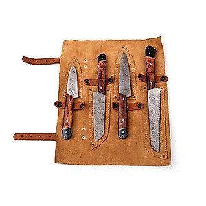 Professional Kitchen knife Custom Damascus Steel Chef knife 4 pcs of Utility BBQ knife| Cutlery set with Ross wood and Buffalo Horn Handle with Leather Roll Case, Overall 8.5 -13 inches