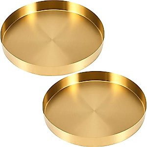 JOIKIT 2 Pack 8 Inch Round Gold Serving Tray, Stainless Steel Metal Decorative Platter, Round Metal Serving Tray Storage Trays Coffee Dish Plate for Organizing Makeups, Jewelry, Tableware