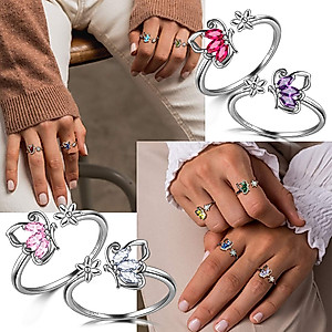 Hipunk Butterfly Purple Rings Bands Statement Birthstone Women 925 Sterling Silver Februsry-Amethyst Birth Stone Animal Butterflies Adjust Ring Crystal Birthday Jewelry SR0002F