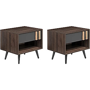 Nightstand Set of 2 with Drawer and Storage Shelf, Mid Century Modern Night Stand Walnut, 1-Drawer Small Wooden Bedside Tables with Solid Wood Legs, Wood End Side Tables for Bedroom, Living Room