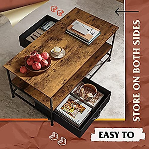 WLIVE Coffee Table with Storage Drawers and Open Shelf, Mid-Century Modern Wood and Metal Cocktail Table for Living Room
