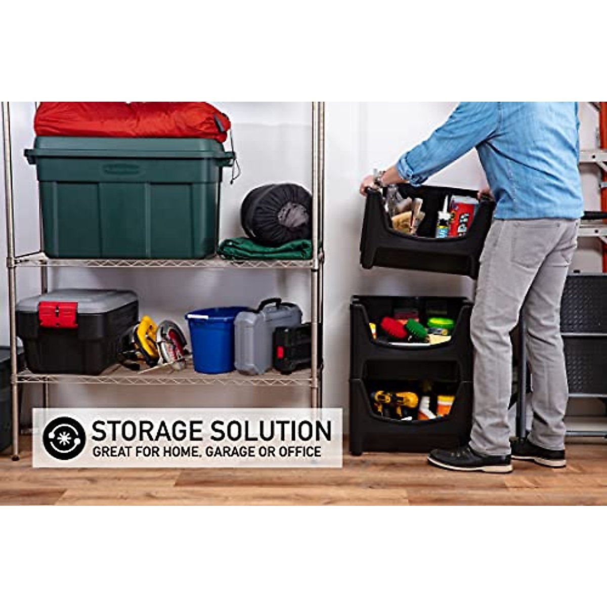 Mighty Tuff Jumbo Stackable Storage Bins, Pack of 3, Easy-Access Storage, Large Easy-To-Grip Handles, Wide Front Opening, Interlocking, Stack Vertically, Black