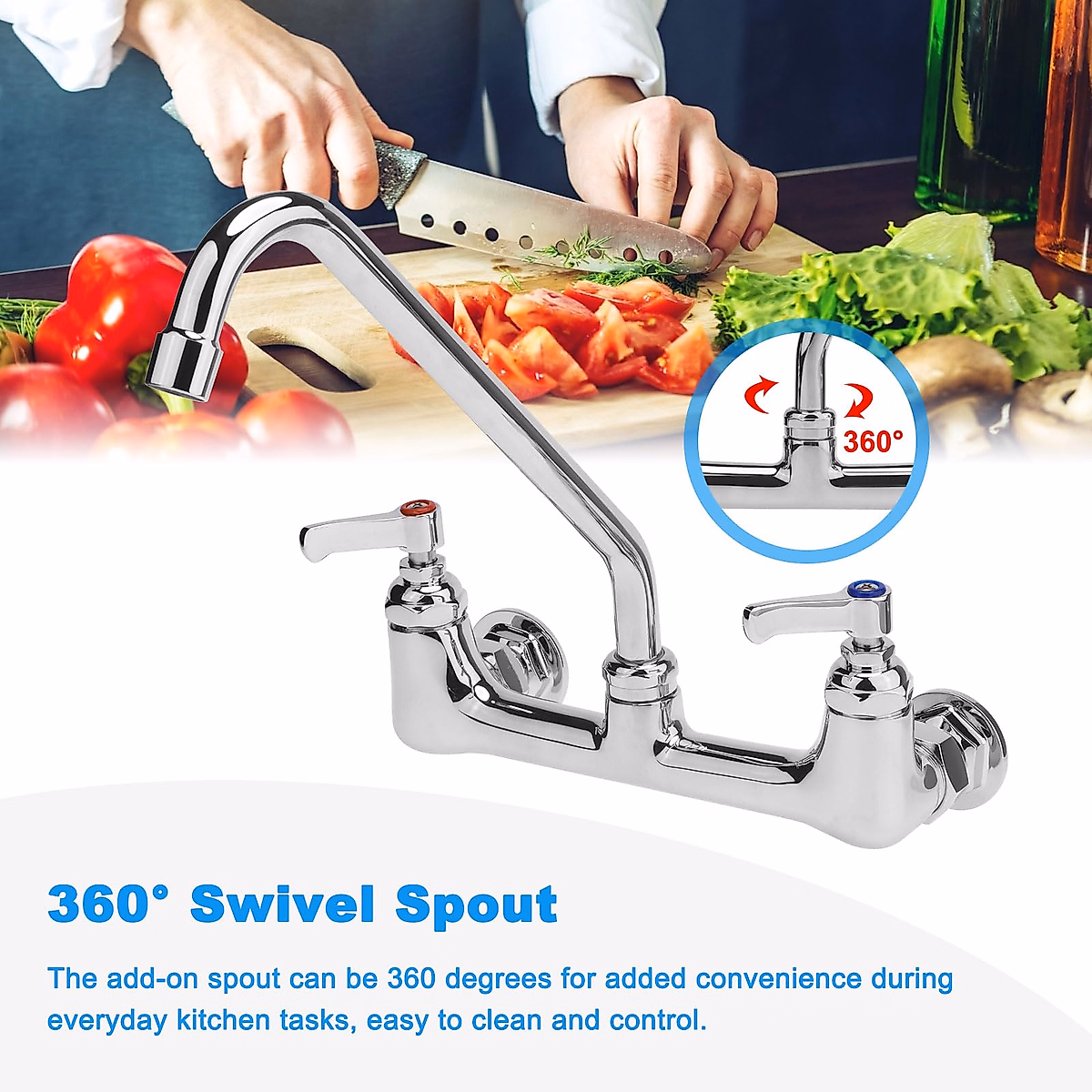 uxcell Kitchen Sink Faucet Wall Mount, Commercial Kitchen Sink Faucet 8 inch Center with 8" Swivel Spout for Compartment Sink, Chrome