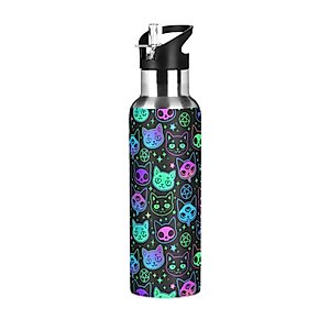 Burbuja Cute Cartoon Voodoo Cat Stainless Steel Water Bottle, Vacuum Insulated Water Bottles with Straw Lid for Sports, Gym, School - Leak & Sweat Proof, BPA Free, 32 oz