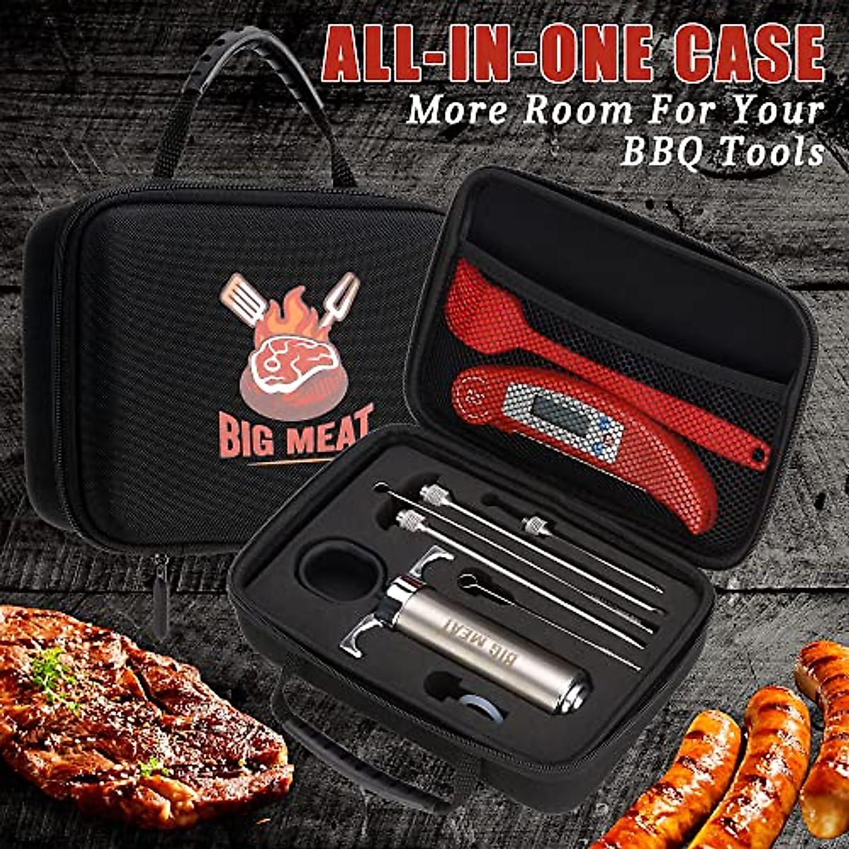 Big Meat Injectors For Smoking - Stainless Steel Meat Injector Syringe Starter Kit, 2oz Marinade Injector Gift Set with 3 Needles, Food Thermometer & Basting Brush - Food Injector