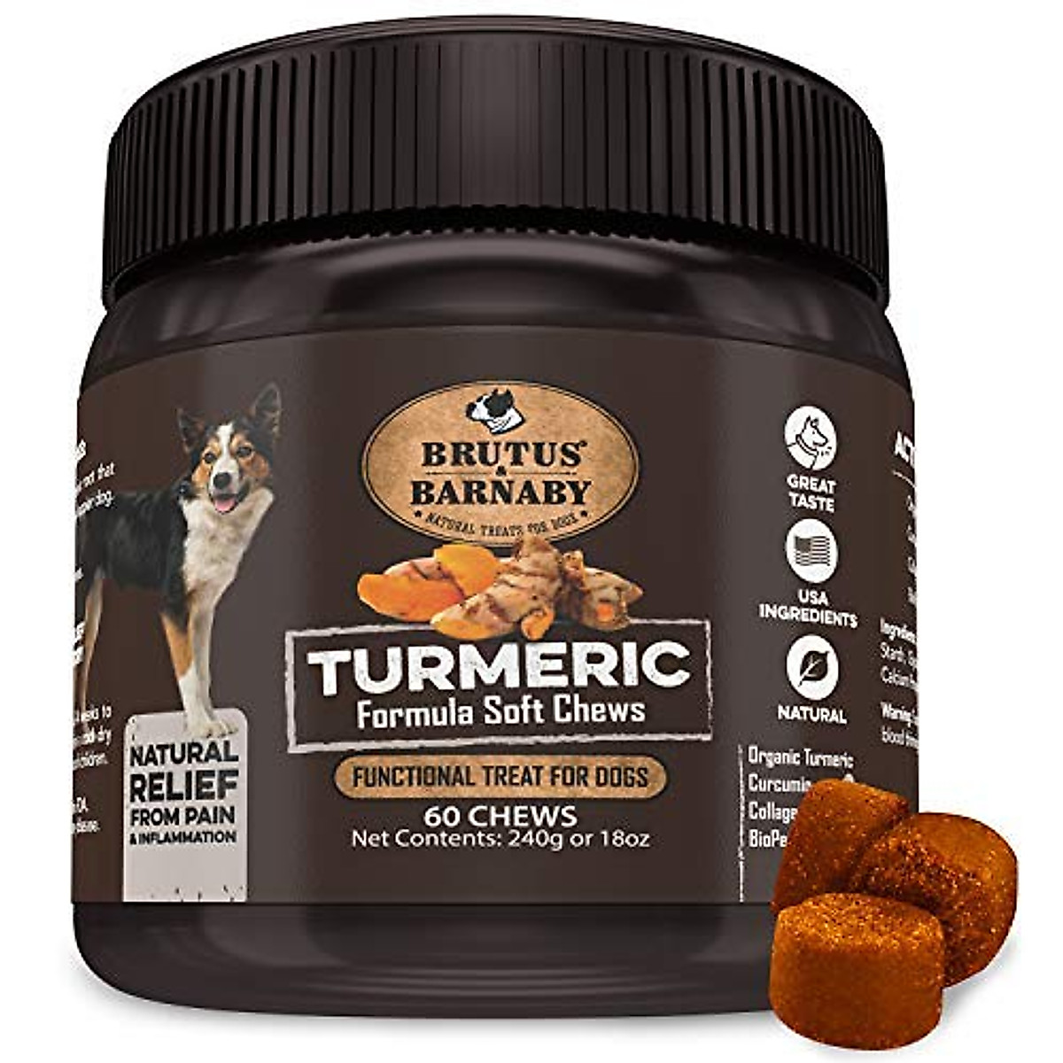 BRUTUS & BARNABY Turmeric for Dogs- Organic Turmeric with Curcumin, Soft Chews with Collagen and Bioprene Provides Hip and Joint Support Reduces Inflammation from Arthritis
