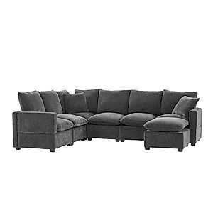 WILLIAMSPACE 110"*84" Sectional Sofa Couch for Living Room, Modern Upholstered 7 Seat U-Shape Sofa Couch with 2 Pillows, Freely Combinable Modular Sofa Funiture for Apartment, Chenille Fabric (Black)