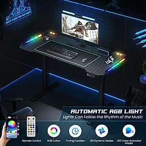 Gaming Desk with LED Lights & APP Control, 48" x 24" Gaming Table with Music Sensing, Underdesk Cable Storage Electric Standing Desk, Black Carbon Fiber PC Desk for Gaming and Home Office