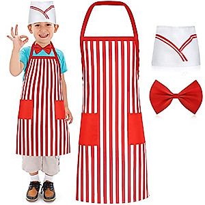 3 Pcs Kid Waiter Costume Kit Car Costume Red and White Striped Apron for Kids Adjustable Bib Aprons with 2 Pockets Soda Jerk Chef Hat Adjustable Red Bow Ties for Kids 1950s Dinner Cosplay Dress Party