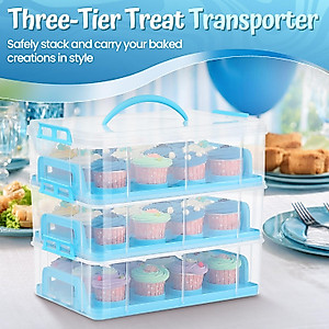 Flexzion 36 Cupcake Carrier 3 Tier Stackable Storage Container Collapsible Cake Carrier with Lid and Handle, Reusable Rectangular Plastic Dessert Travel Container, Display Holder Transport Box (Blue)