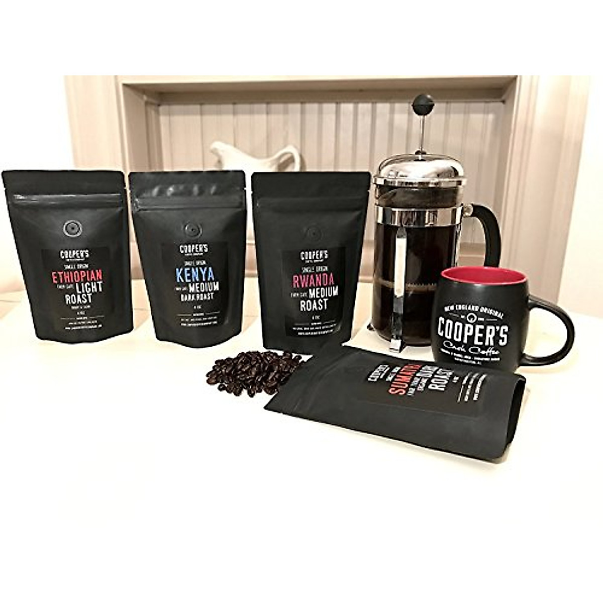 Gourmet Coffee Sampler Gift Box Set | Coffee 4 bags | 1lb Total | Sumatra Dark, Kenya AA Medium-Dark, Rwanda Medium, Natural Ethiopian Medium-Light, 1lb Total (Ground)