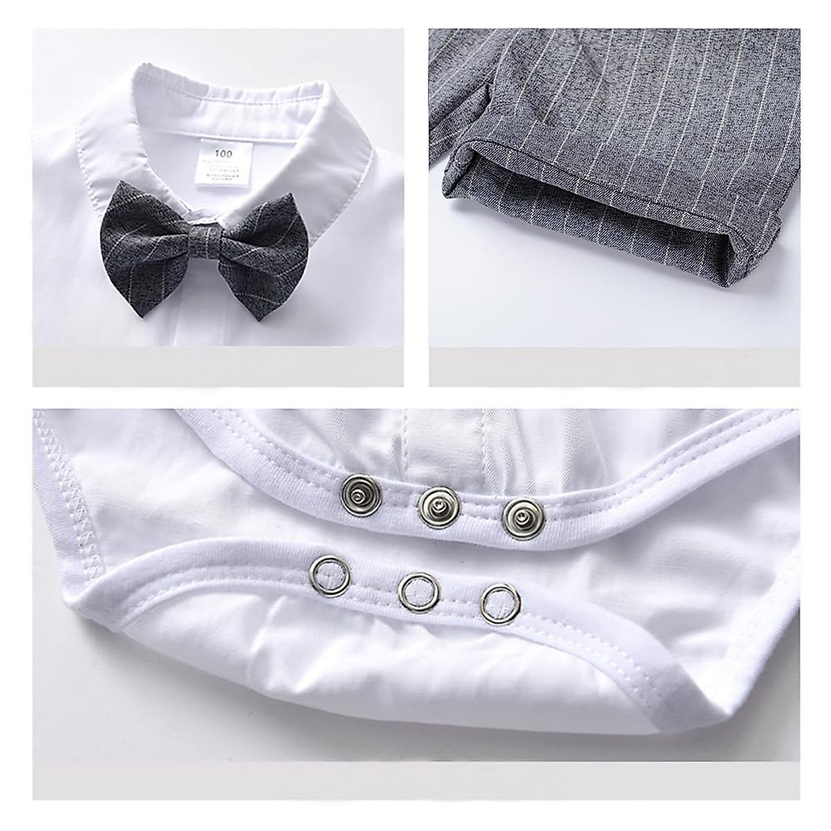 IDOPIP Baptism Outfits for Boys Baby Clothes Gentleman Formal Suit Set Bowtie Romper + Suspenders Shorts Pants 4PCS First Birthday Party Wedding Tuxedo Outfits for Cake Smash White + Gray 9-12 Months