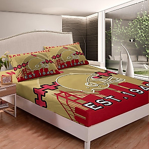 Erosebridal Boys Football Bed Sheets Set for Youth,Rugby Sheet Set Full American Football Lovers Sheets Ball Game Flat Fitted Sheet with 2 Pillow Shams,Red Yellow,(San Francisco)