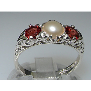 LetsBuyGold 925 Sterling Silver Cultured Pearl and Garnet Womens Band Ring - Size 7