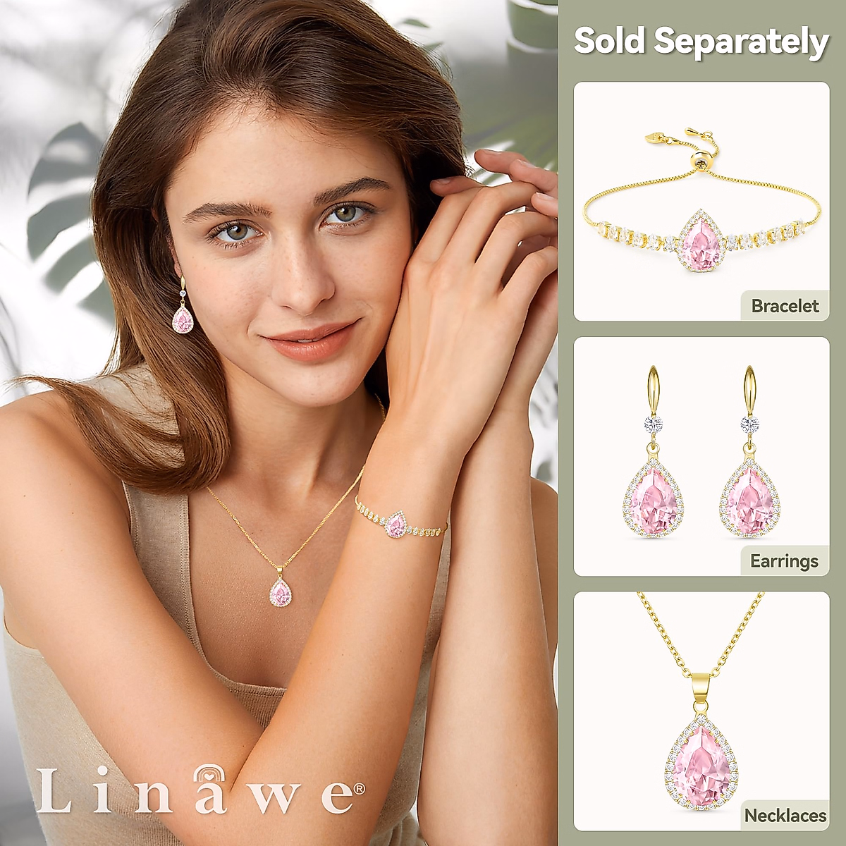 Linawe Pink Crystal Pendant, Gold Chain Imitation Diamond Cubic Zirconia Birthstone Rhinestone Teardrop Necklace, Preppy Bridal Wedding Bride Bridesmaids Boho Jewelry Set