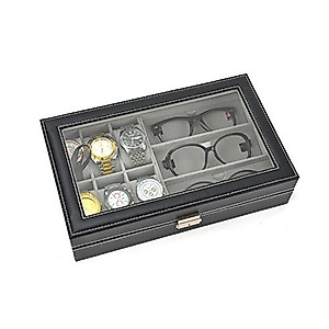 AUTOARK Leather 6 Watch and 3 Eyeglasses&Sunglasses Box with Jewelry Display Case Organizer,Mens Women Storage Holder Boxes,Glass Top,Black,AW-004