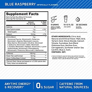 Optimum Nutrition Amino Energy - Pre Workout with Green Tea, BCAA, Amino Acids, Keto Friendly, Green Coffee Extract, Energy Powder - Blue Raspberry, 30 Servings (Packaging May Vary)