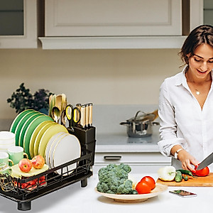 TC Lgog Dish Drying Rack for Kitchen Counter – Drainboard with 4 Slots Knife, Fork & Cup Holder Organizers, Rotating Swivel Spout, Durable Coated, Attractive Black