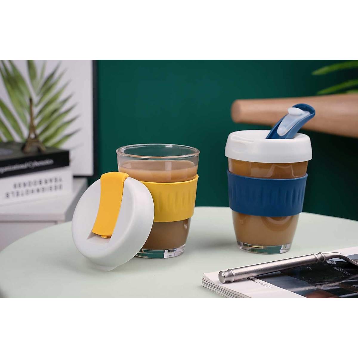 LOVWISH Tumbler Glass Water Bottle, Coffee Mugs Glass Set of 2,Tempered Glass Travel Coffee Mug with PP Lid, With Anti-scalding Silicon,24oz - (Pack/12oz)