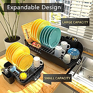 Dish Drying Rack, Expandable Dish Rack for Kitchen Counter(14'' to 20") Auto-Drain Stainless Steel Cutlery Rack and Utensil Holder, Kitchen Dish Drainer Rack - Black