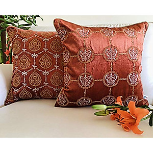 TARA- Sparkling Homes 18 x 18 inches Velvet Zari Embroidered Luxury Decorative Throw Pillow Cover 'Cleopatra' from The Royal Collection for Couch Living Room (Burnt Orange, 18 x 18 Inches)