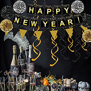 Happy New Year Set Black Banner with Gold Black Paper Flag Bunting Swirl Streamers & Pom Poms for Happy New Year Party Decorations