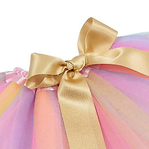 Nishine Toddler Baby Girls Layered Tutu Skirt Dress with Glitter Unicorn Horn Headband Outfit for Birthday Party (Rainbow)