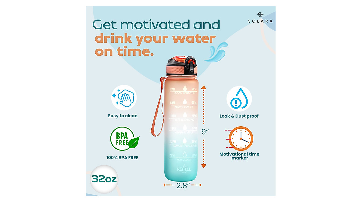 SOLARA 32oz Motivational Water Bottle – Stay Hydrated & Inspired