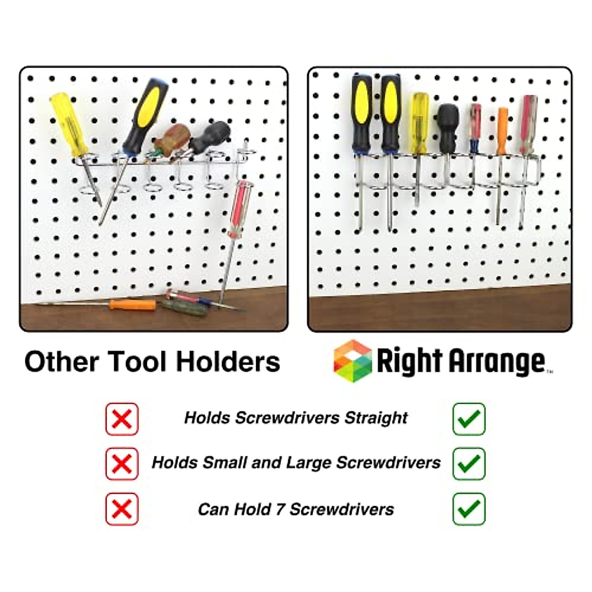 RightArrange Pegboard Tool Organizers, 2-Pack - Screwdriver Holder and/or Pliers Rack Accessory - Hooks to Any Peg Board - Pegboard Organization Accessory for Workbench, Garage, Tool Shed, Craft Room