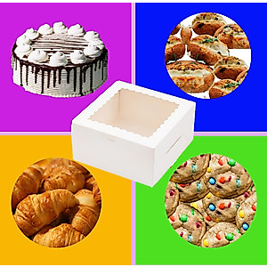 Exceptional Value Bundle | 4-Pack Cake Boxes (10x10x5 Inches) 4 Corrugated White Cake Boards & 4 Happy Birthday Cake Toppers. | 350 GSM Thick Sturdy Cardboard | Fancy Design See-Through Window |