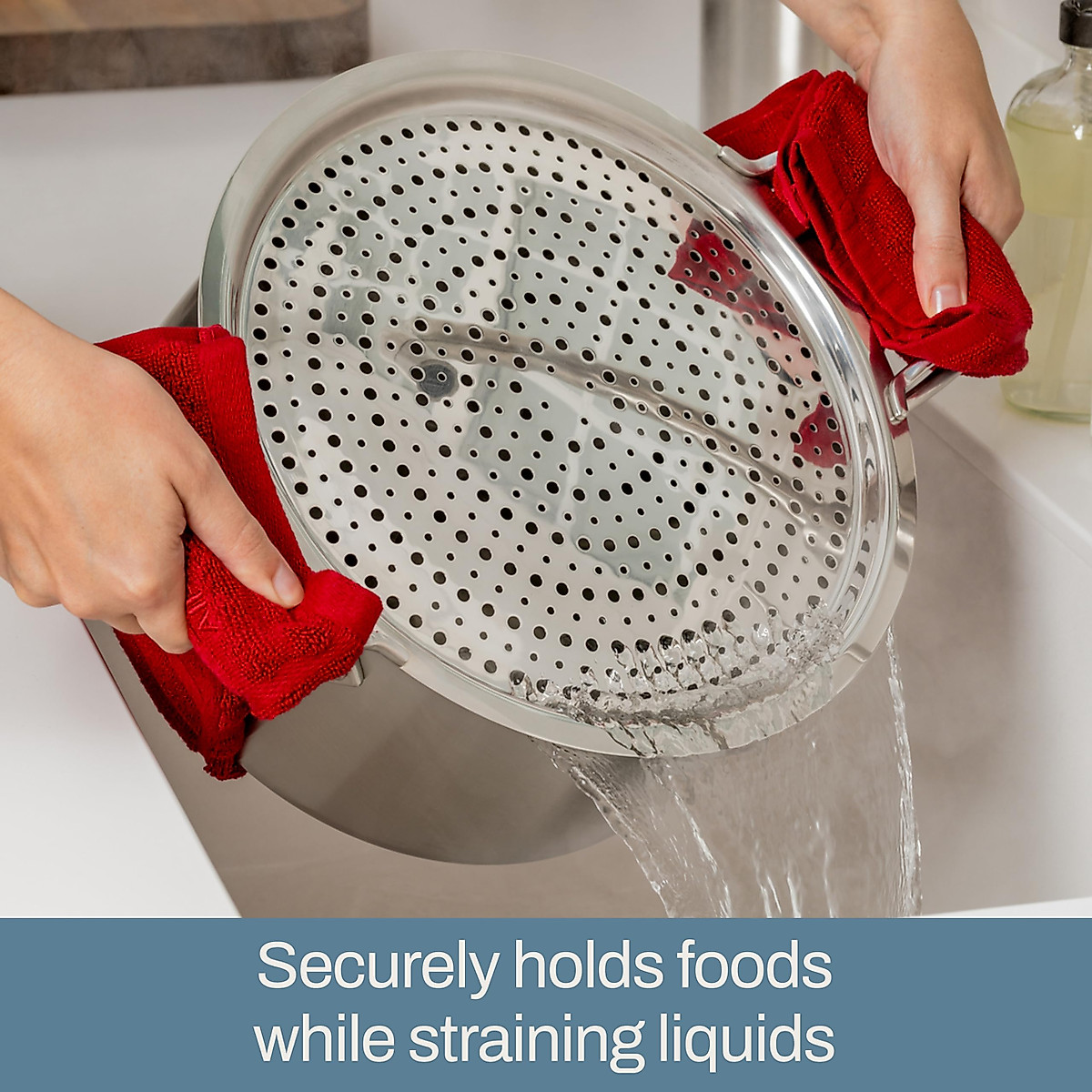 All-Clad D5 5-Ply Brushed Stainless Steel Stockpot with lid and Strain & Splatter Guard, 8-Quart, Induction, Oven & broiler safe up to 600°F, Cookware, Pots and Pans, Kitchen Essential, Silver