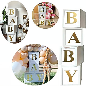 Baby Shower Decoration 11.8inch Balloon Box, DIY 4pcs White Baby Boxes with 30 Letters, Centerpieces Party Favors for Baby Girl Boy Birthday Gender Reveal Backdrop (White Box With Golden Letters)