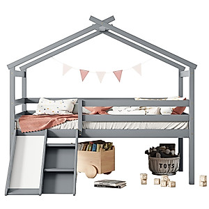 XD Designs Twin Size Low Loft Bed with Slide and Ladder for Kids Boys Girls, Solid Wood Loft Bed Frame with Safety Guardrails and Roof, Sturdy Slat Support, Playhouse Design (Grey-Roof)