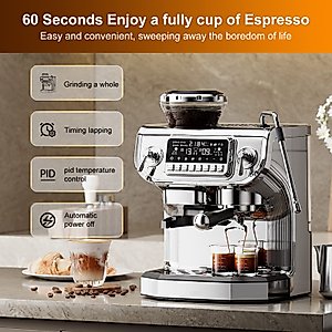Mcilpoog TC530 Espresso Machine with Milk Frother，Semi Automatic Coffee Machine with Grinder,Easy To Use Espresso Coffee Maker with 5.5 inch Large Screen,15 Bar Pressure Pump,PID Temperature Control.