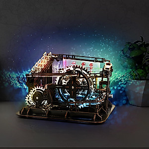 OWNONE 1 3D Wooden Puzzle Marble Run with LED Lights, Wooden Model Building Kits for Adults, Wood Mechanical Puzzle Building Set, Office Desk Decor Gift for Men Adults (312 PCS)